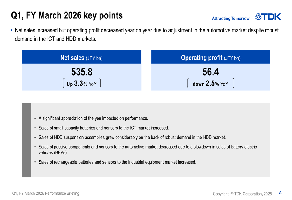 TDK Q1 FY2026 slides: Sales rise 3.3% despite yen headwinds, profits ...