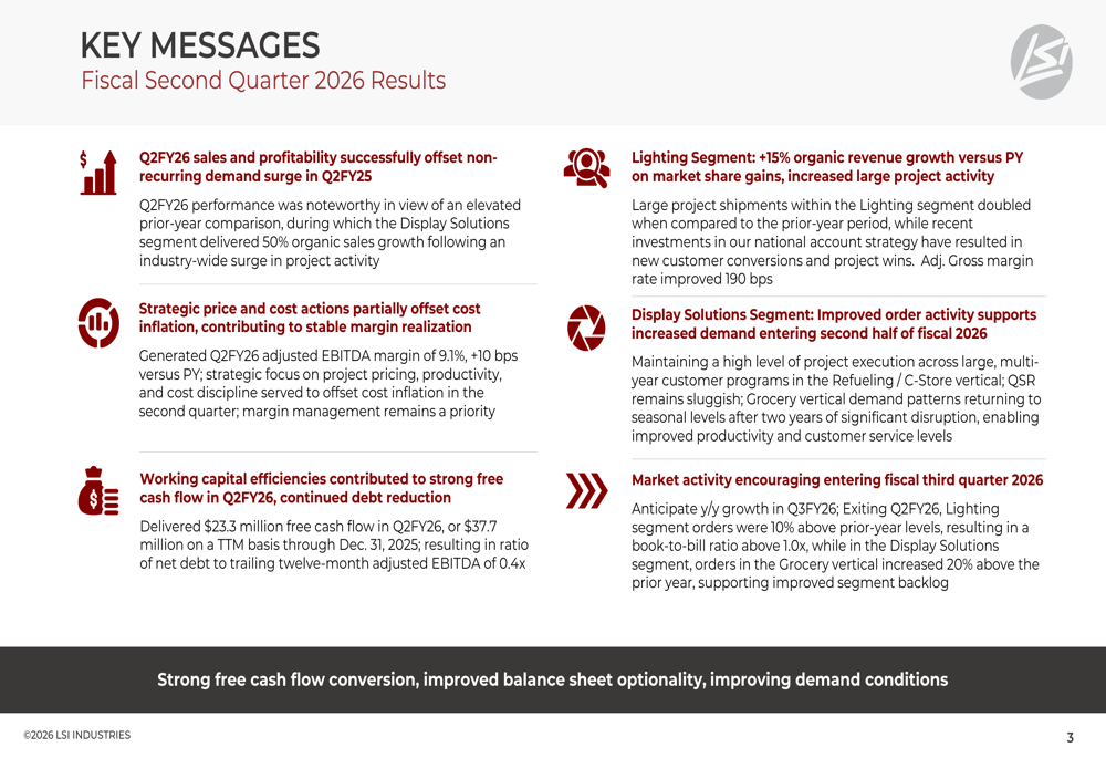 LSI Industries Q2 2026 slides: Lighting segment growth offsets ...