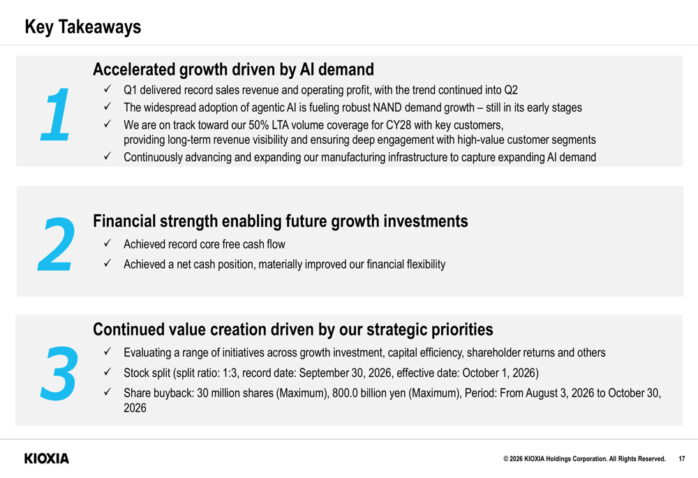 Kioxia Q1 FY2026 slides: record profit on AI demand, net cash position ...